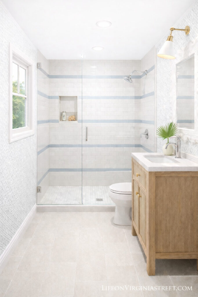 Blue & White Striped Pool Bath Design Plans - Life On Virginia Street